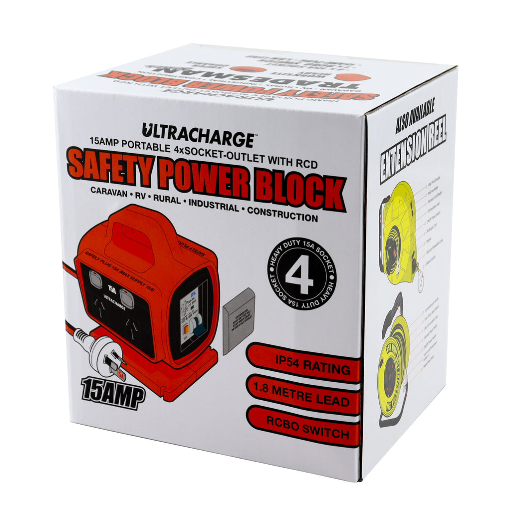 Ultracharge 15A 4-Way Outlet RCD Safety Power Block with 15A Plug (Red) - JB Hi-Fi