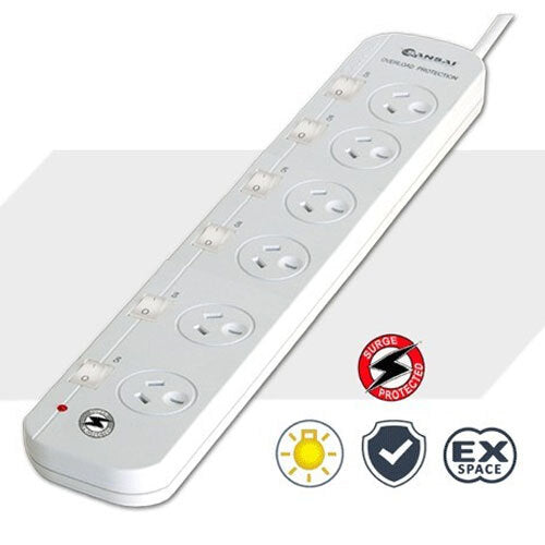 Sansai 6-Outlet Individually Switched Surge Protected Power Strip Board - JB Hi-Fi