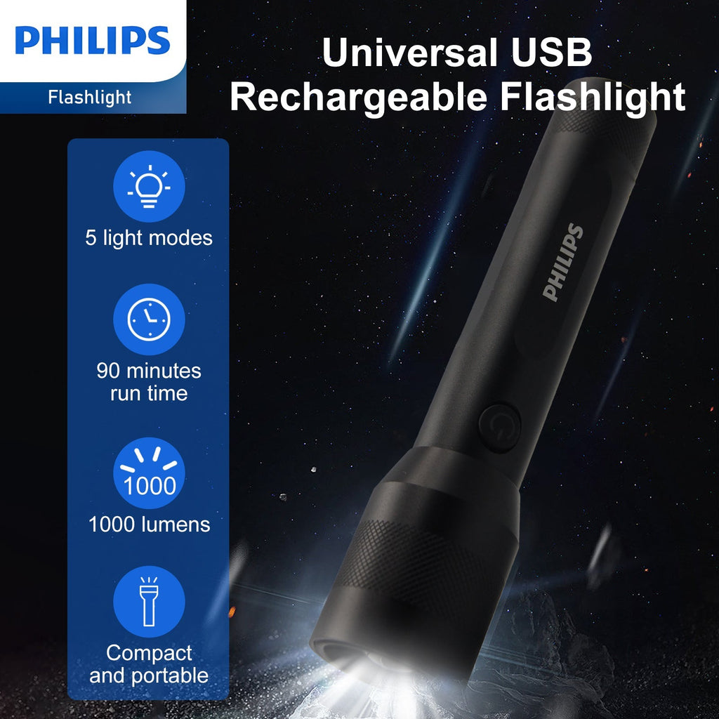 Philips Rechargeable LED 1000 Lumens Flashlight with Adjustable Focus (Black) - JB Hi-Fi