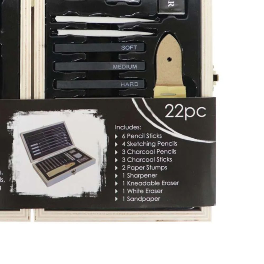 22pc Jasart Pencil/Charcoal Sketching Set w/ Wooden Travel Box - JB Hi-Fi