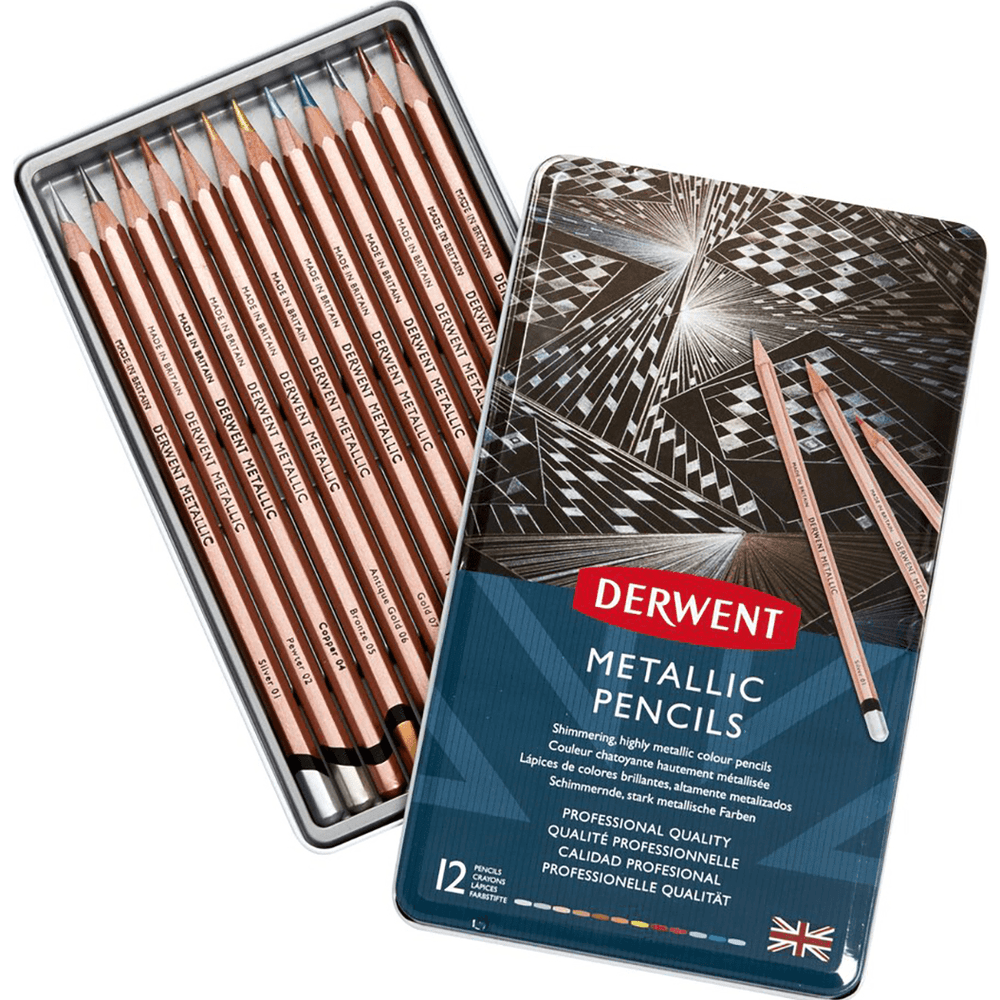 Derwent Metallic Coloured Pencils Tin 12 Set Jb Hi Fi
