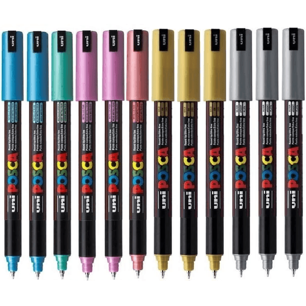 Uni Posca PC1MR Box 12 Coloured Metallic Marker 1mm (Assorted) - JB Hi-Fi