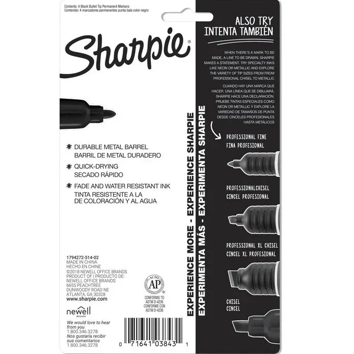 Sharpie 4mm Pro Metal Permanent Marker Bullet Point (Black) [Pack 4 ...
