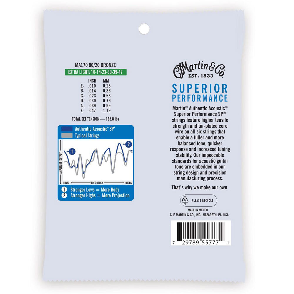 Martin Guitar MA170 Authentic Acoustic Strings 80/20 Bronze Extra Light ...