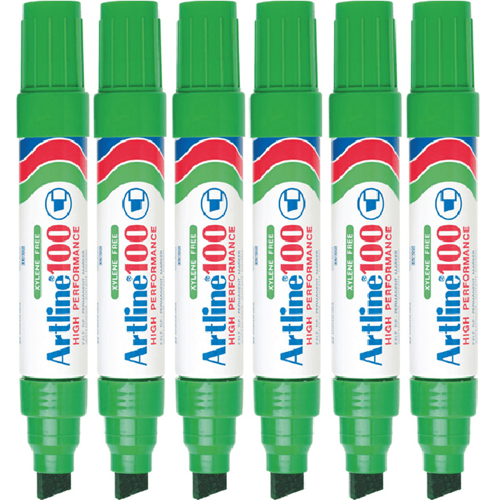Artline 100 Box 6 Permanent Marker 12mm Chisel Tip Thick Nib (Green ...