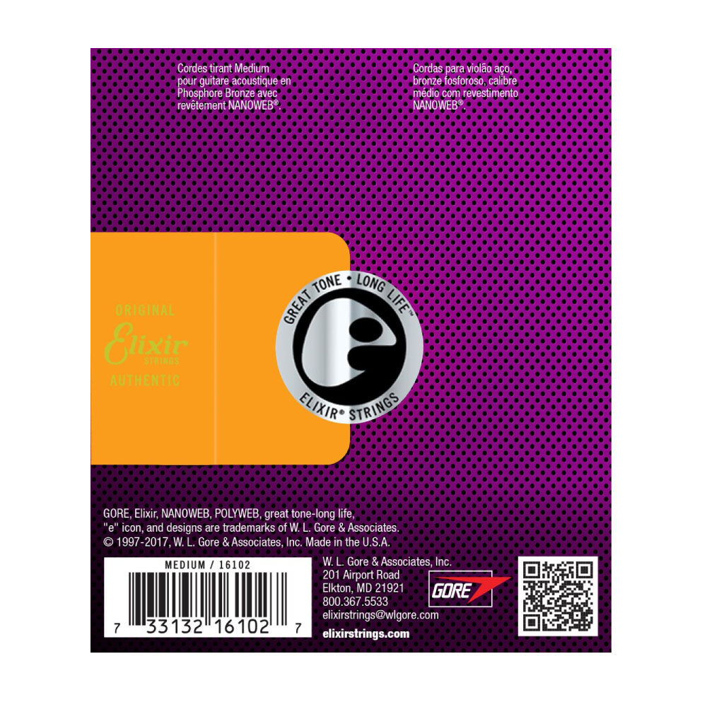 Elixir #16102 Acoustic Nano Phosphor Bronze Guitar String 12-56 Light ...