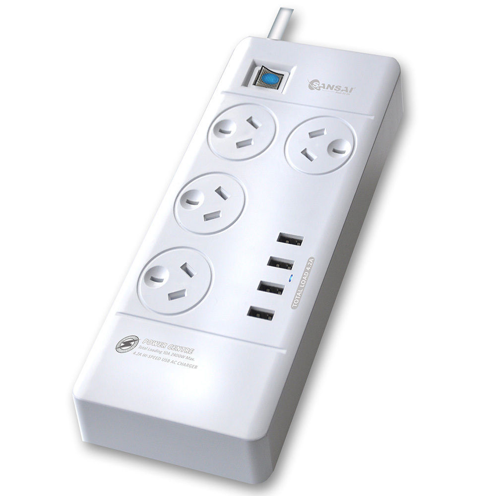 Power Board 4 Way Outlets with 4 USB Charging Ports and Surge Protector ...