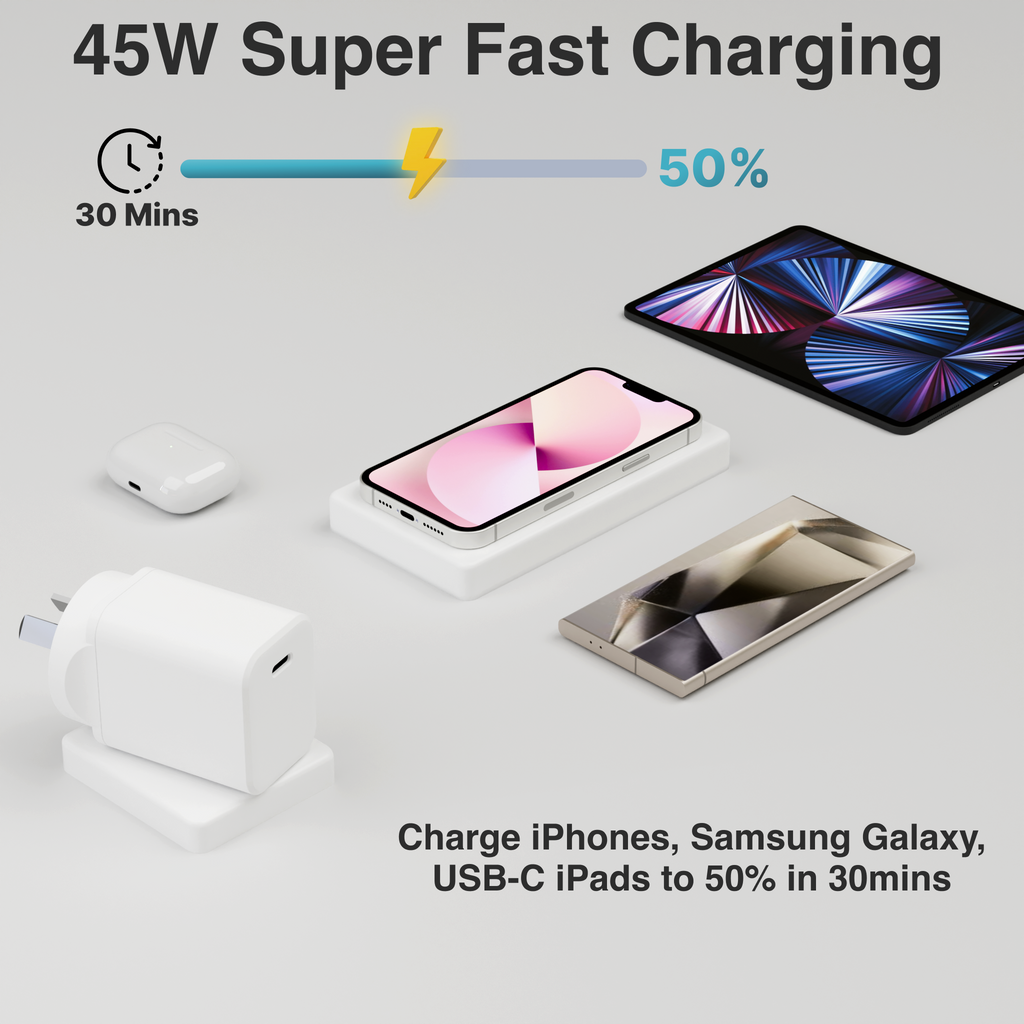 Laser ChargeCore 45W PD GaN Wall Charger (White) - JB Hi-Fi