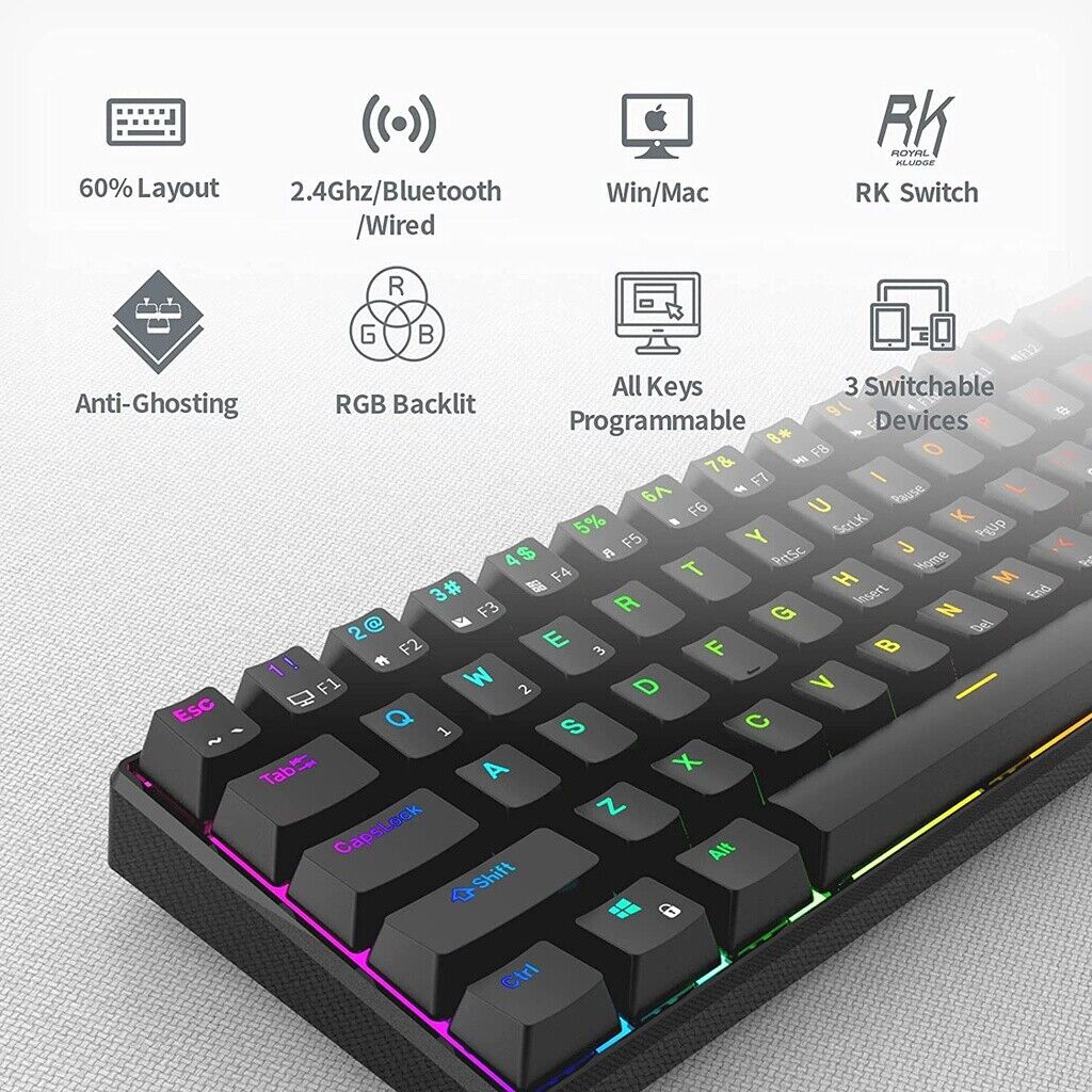 Royal Kludge RK61 TriMode RGB Hot Swappable Mechanical Keyboard Black ...