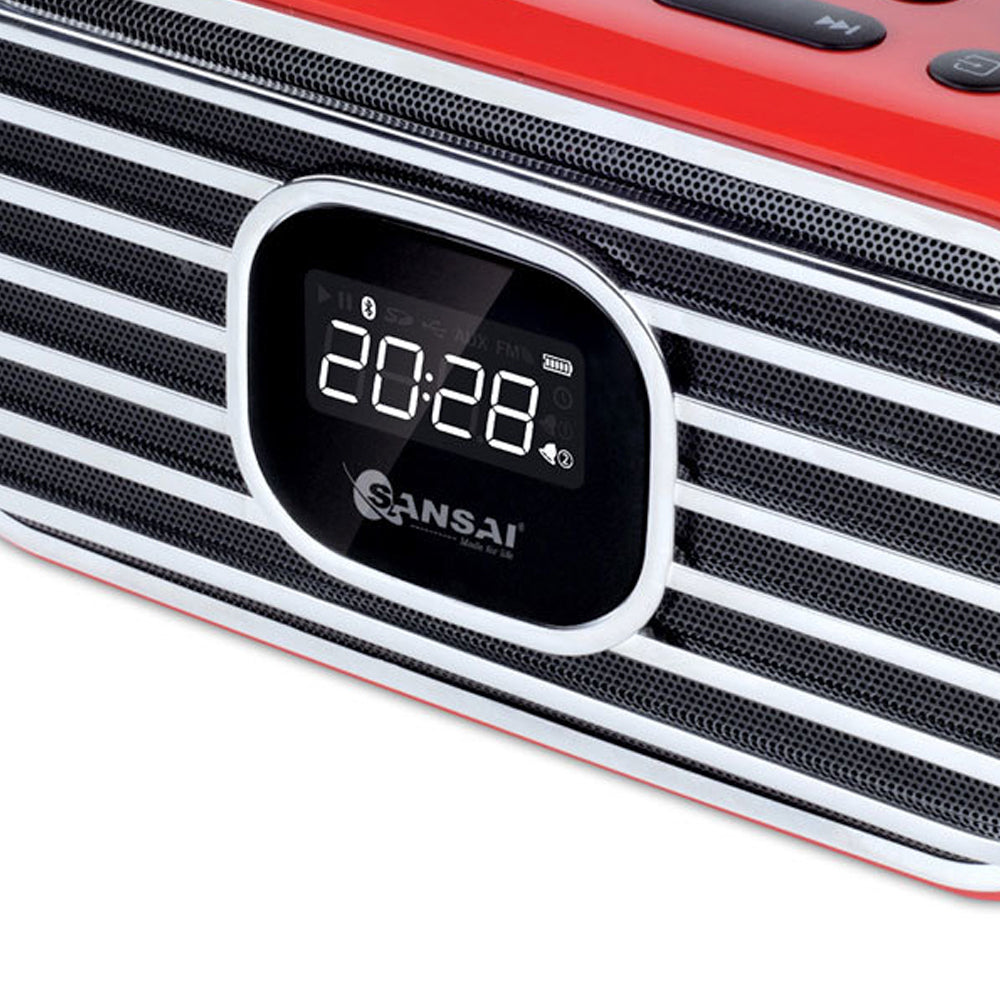 Sansai Wireless Bluetooth Speaker FM Radio/LED Alarm Clock (Red) - JB Hi-Fi