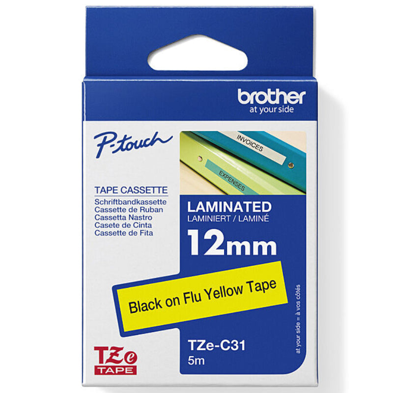 Brother TZE-C31 Laminated Labelling Tape 12mm (Black On Fluoro Yellow ...