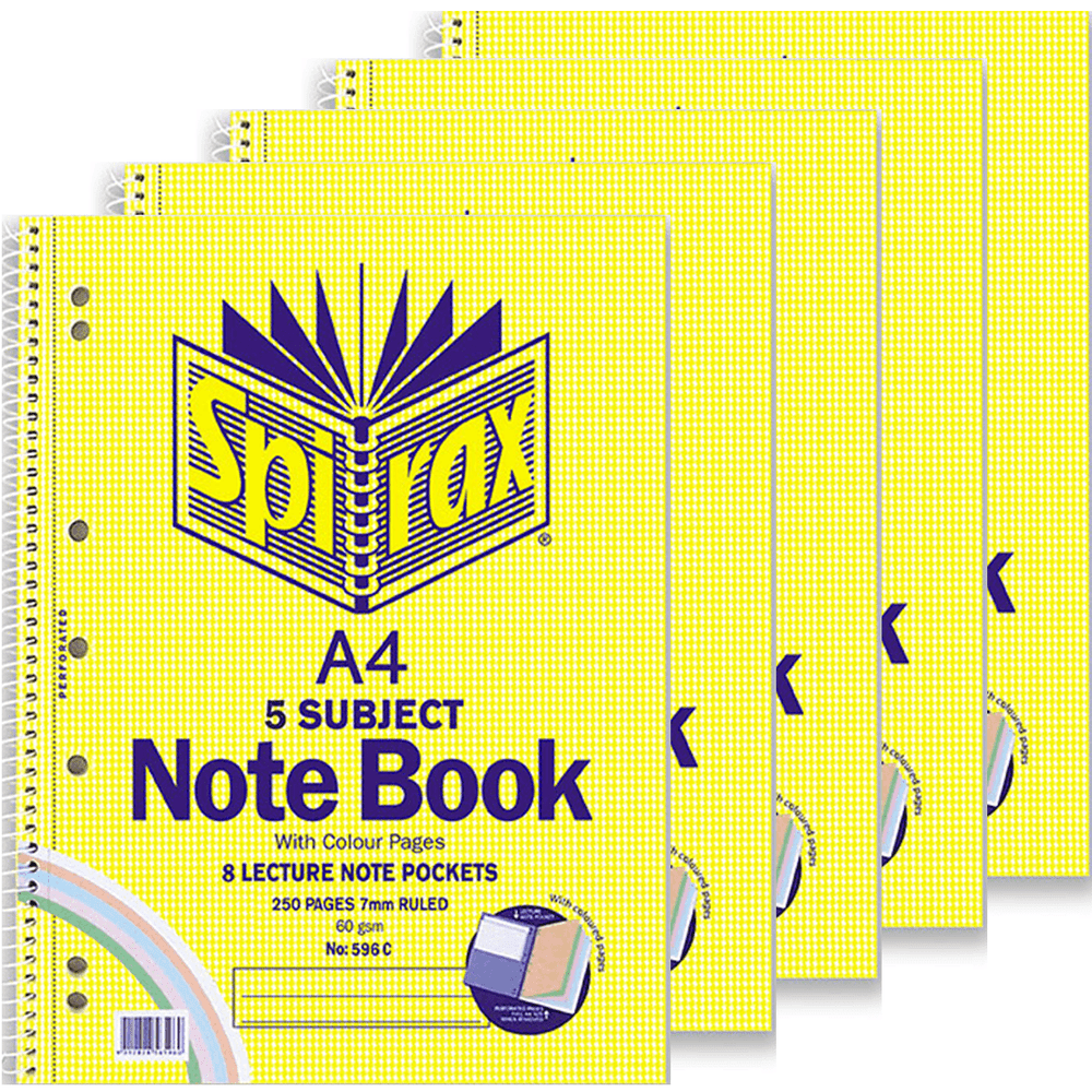 Spirax 596C 5-Subject Notebook 7mm Ruled Coloured Paper Spiral 250 Page A4 [Pack 5] - JB Hi-Fi