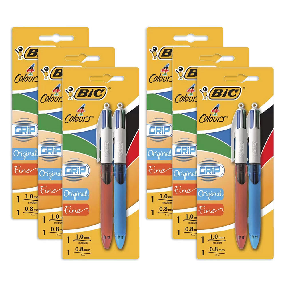 Bic 4 Colour Grip Writing Pens 1.0mm/0.8mm (6 x 2-Piece) - JB Hi-Fi