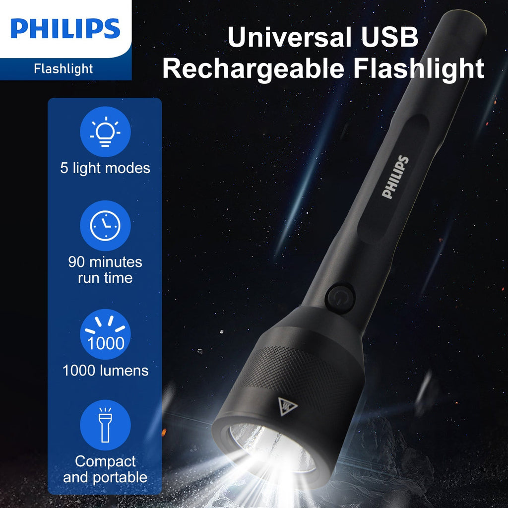 Philips SFL3602R Rechargeable LED Flashlight 1000 Lumens (Black) - JB Hi-Fi