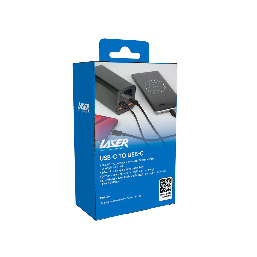 Laser 2M (2-pack) USB-C to USB-C Cable 60W (Black) - JB Hi-Fi