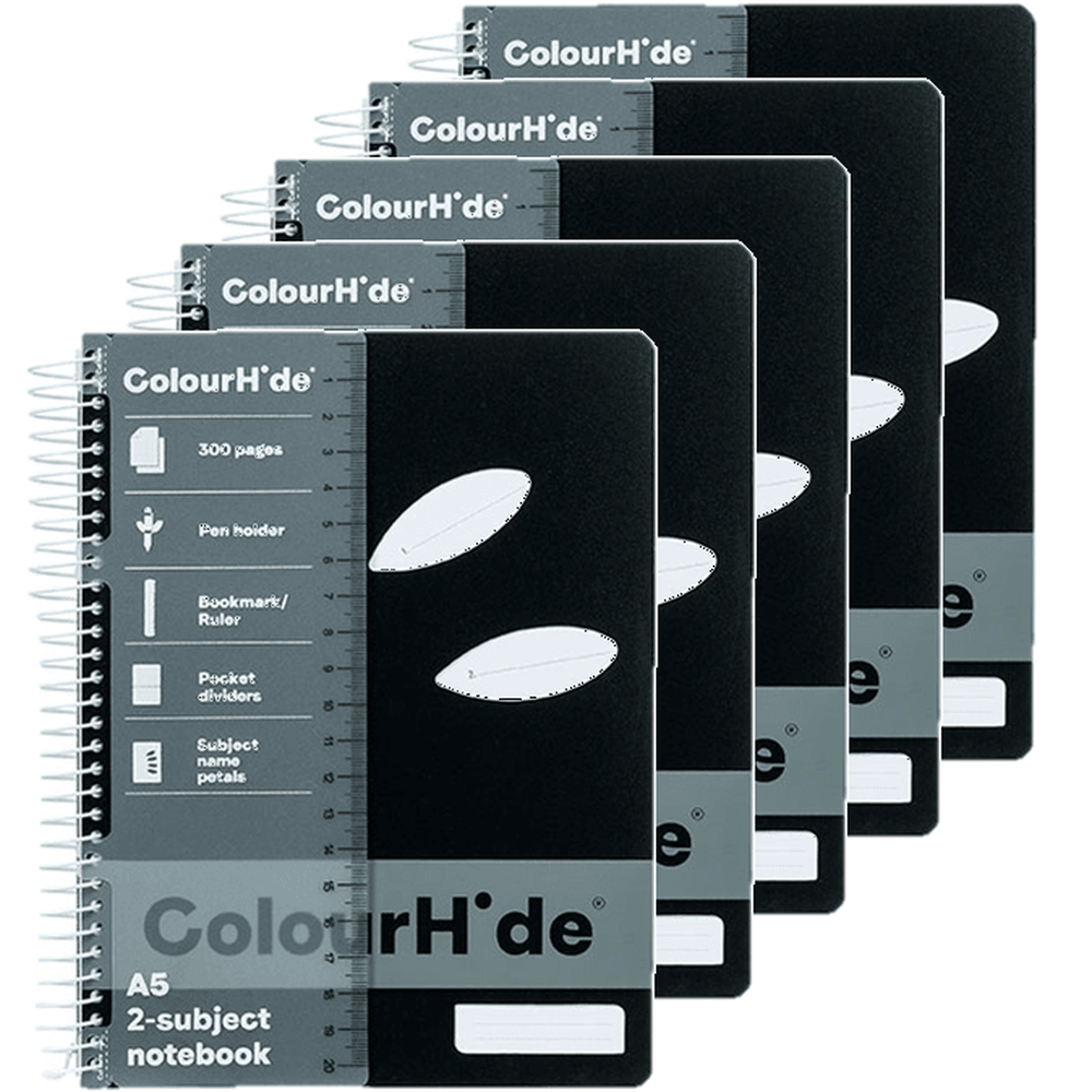 Colourhide 2-Subject Notebook 300 Page A5 (Black) [5 Pack] - JB Hi-Fi
