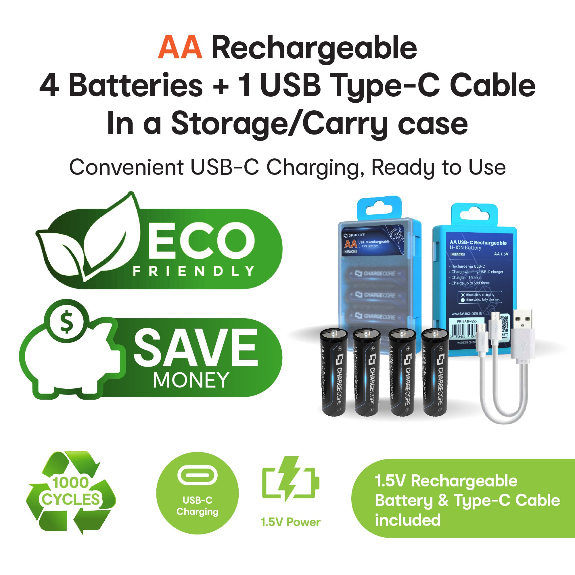 Laser USB-C Rechargeable AA Battery 4-Pack with Fast Charging - JB Hi-Fi