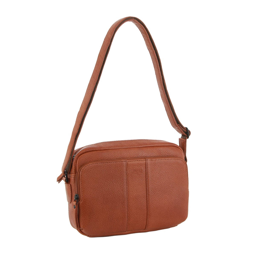 Milleni Women's Multi Zip Leather Shoulder Crossbody Bag 26x20cm Cognac ...