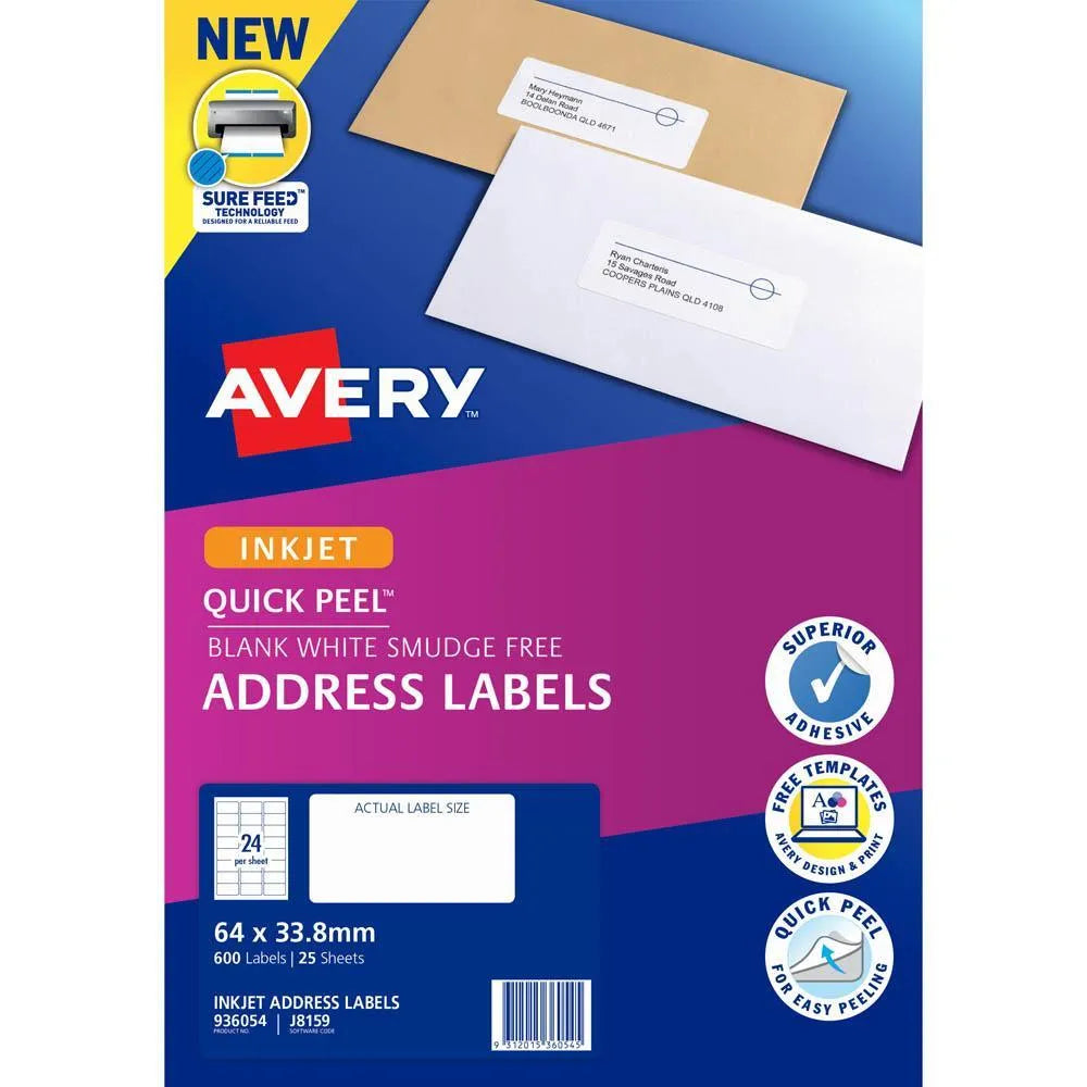 Avery 936054 J8159 Quick Peel Address Label With Sure Feed Inkjet 24Up ...