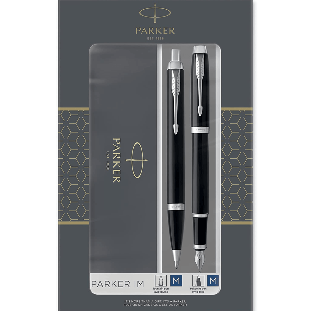 Parker IM Duo Ballpoint Fountain Pen Gift Box Ink Refill Cartridge Set Gloss Black Chrome Trim ...