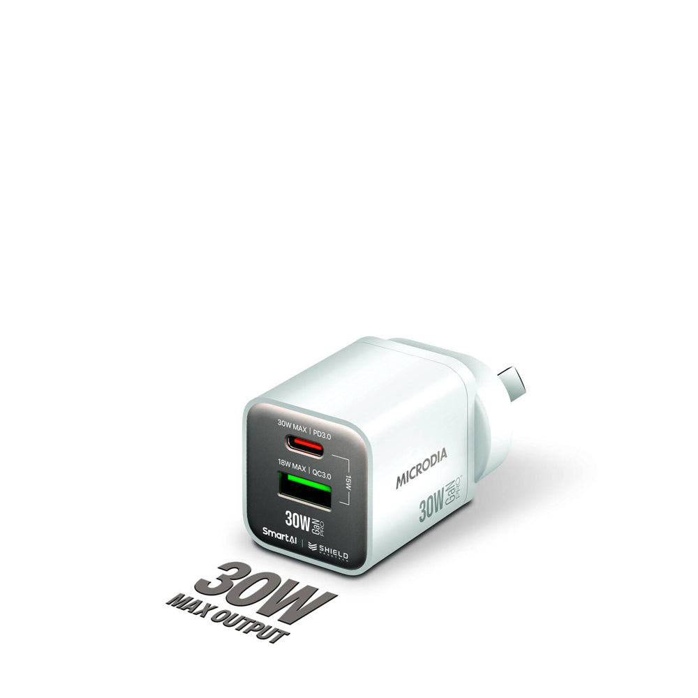 Microdia SmartCube Nano 30W Dual Port GaN Wall Charger (White) - JB Hi-Fi