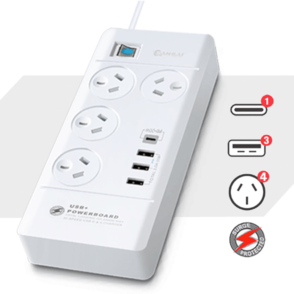 Power Board 4 Way Outlets with 4 USB Charging Ports and Surge Protector ...