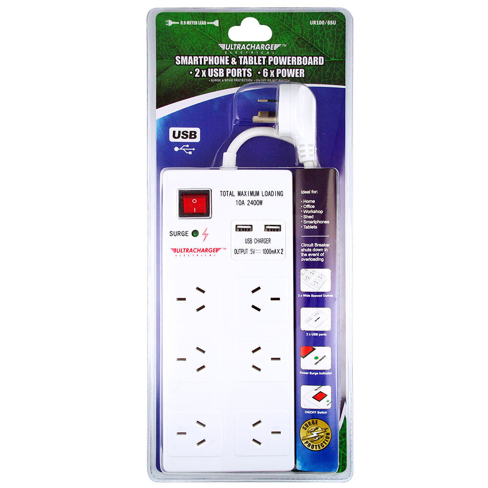 Ultracharge Power Strip 6-Socket Surge Protector 1m Cord with 2x USB P ...