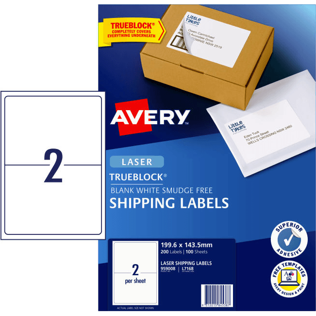 Avery 959008 L7168 Trueblock Shipping Label Laser 2Up (White) [Pack 100 ...
