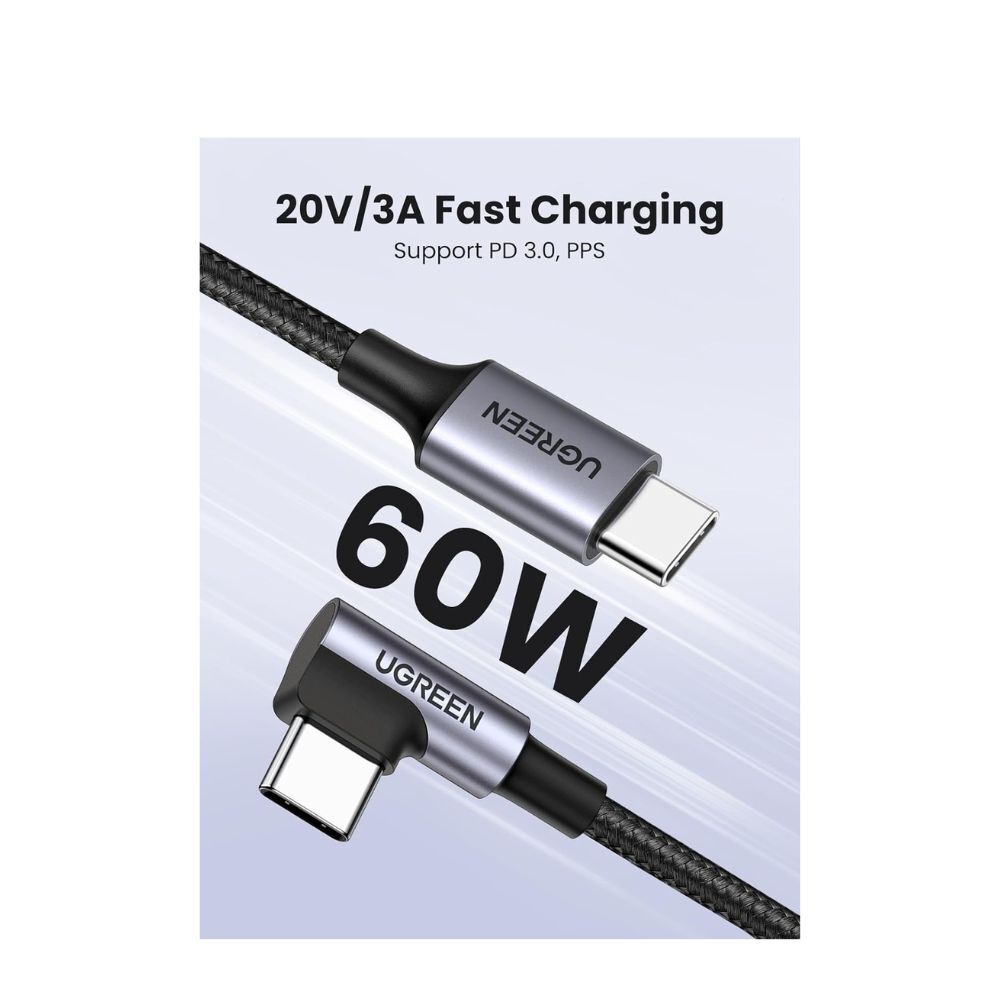 UGREEN 90 Degree Angle USB-C Male to USB-C Male 60W Braided Cable 3m ...