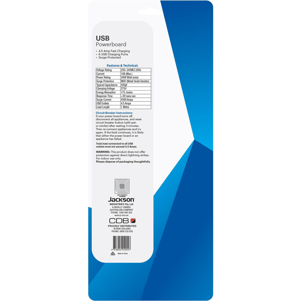 Jackson Surge Protected Board w/ 10 x Power Socket, 6 x USB-A Outlets ...