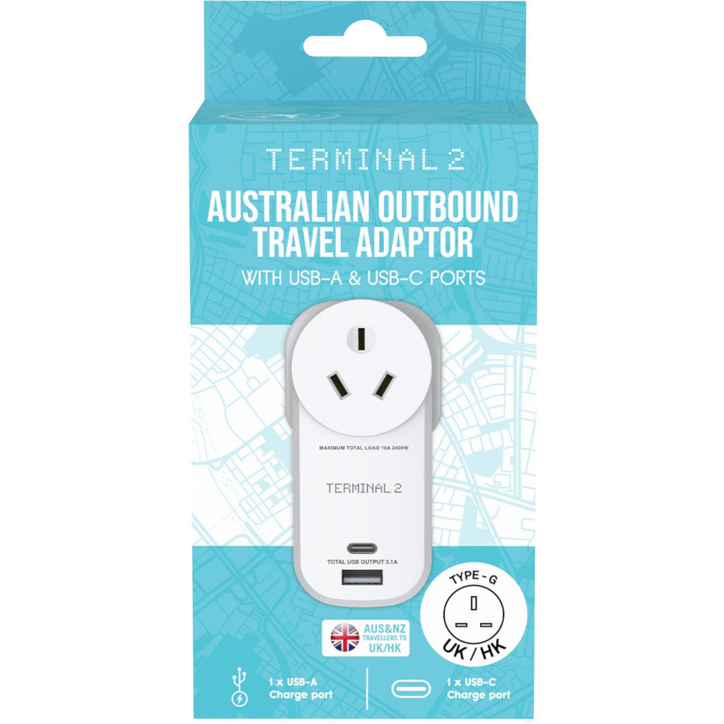 Terminal 2 Outbound Travel Adaptor with USB-A and USB-C Ports UK - JB Hi-Fi